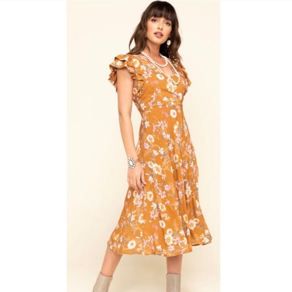 nikki & erin | Dresses | Nikki Erin Mustard Floral Ruffle Wrap Midi ...